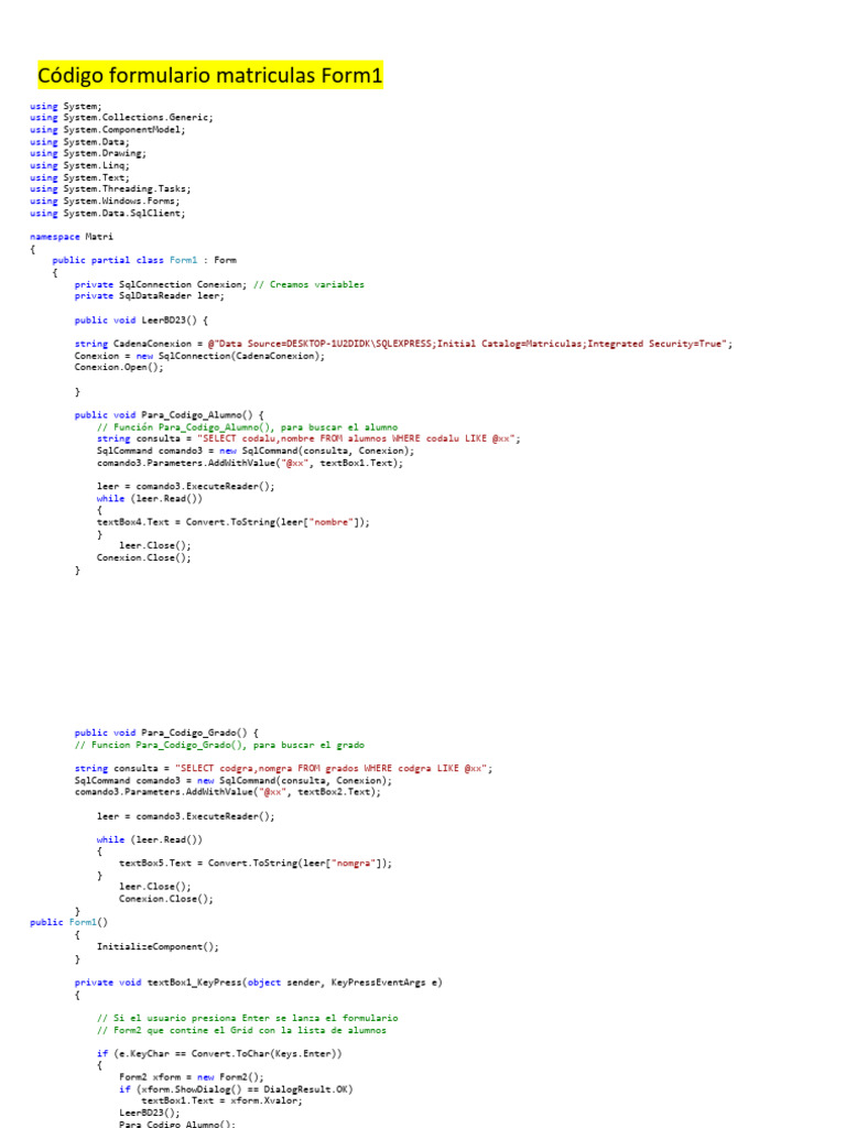 Formulario Matriculas Conexion A SQL Server | PDF