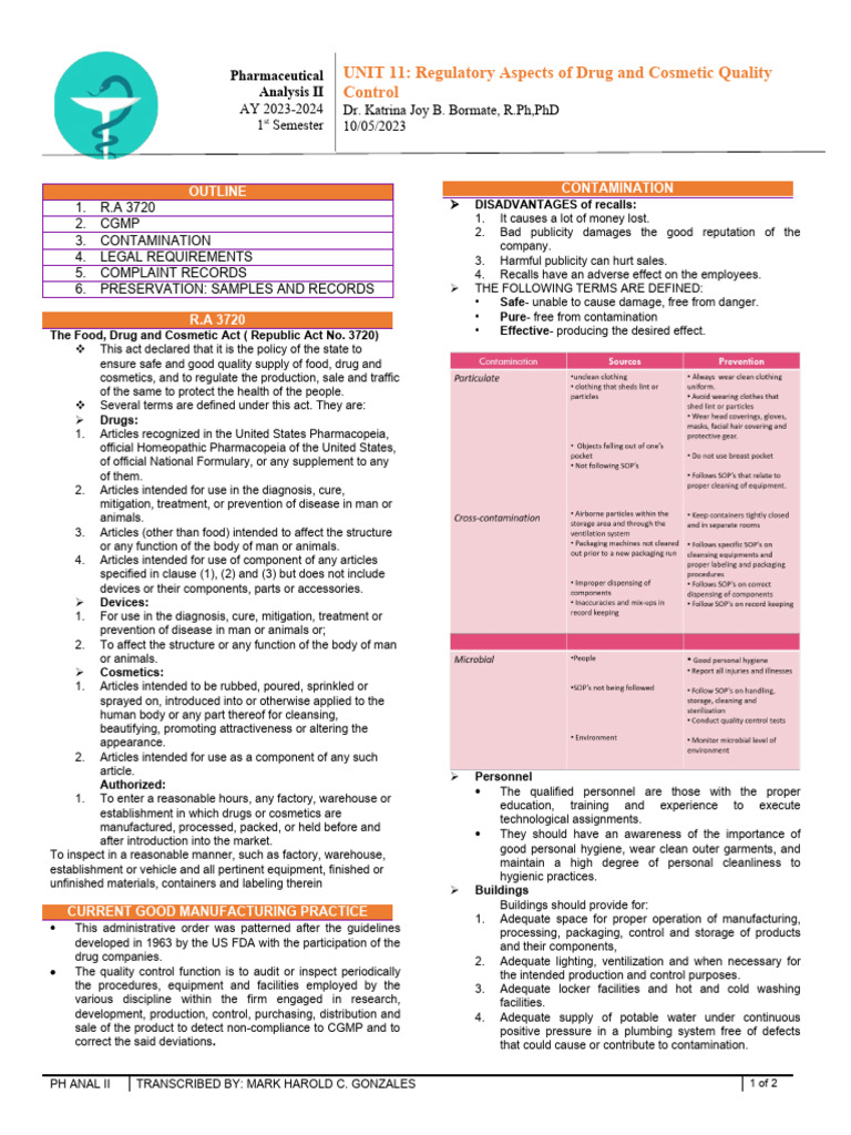 Unit 11 - Regulatory Aspects of Drug and Cosmetic Quality Control | PDF