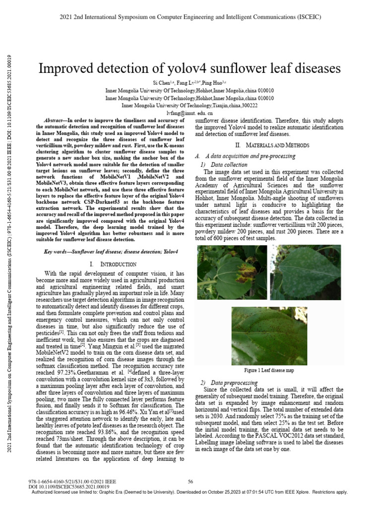 Improved Detection of Yolov4 Sunflower Leaf Diseases | PDF