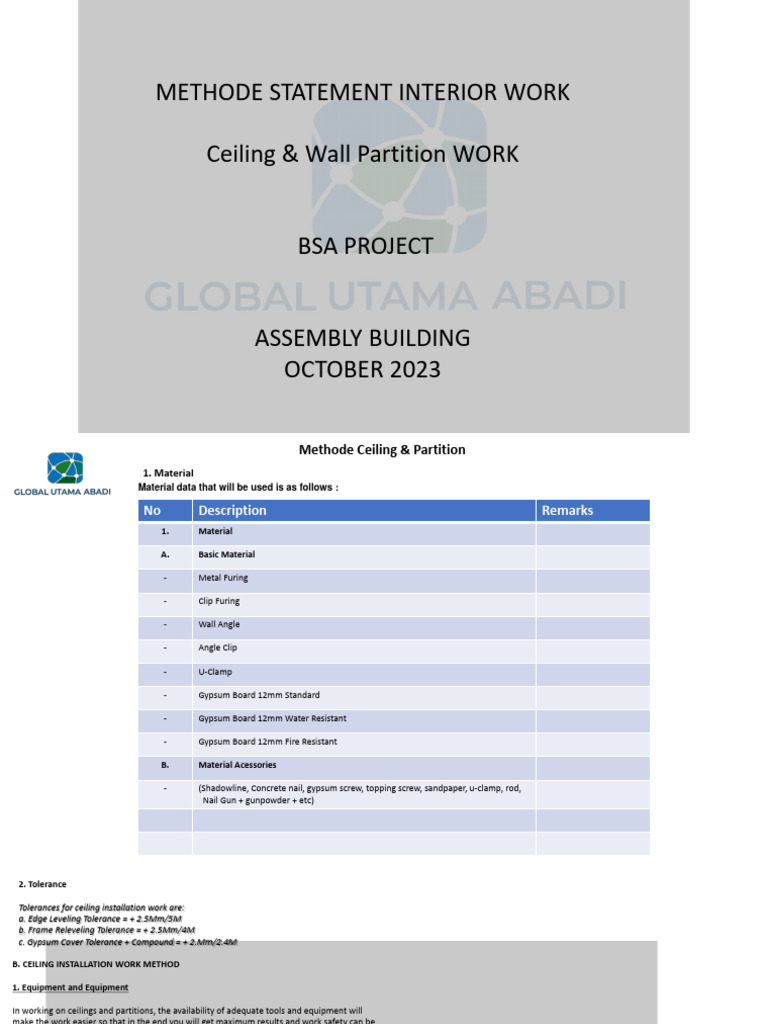 Methode Statement Ceiling And Partition Pdf 9601
