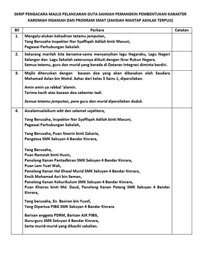 Skrip Pengacara Majlis Duta Sahsiah 2023 | PDF
