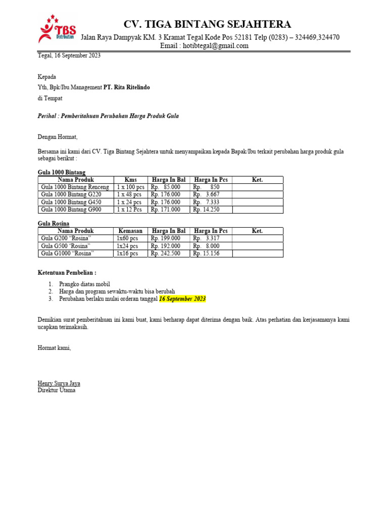SURAT UPDATE HARGA GULA PER 18 SEP 2023 MT RITA MALL & WARKOM CV TBS PWT - Acc Pak Henry | PDF