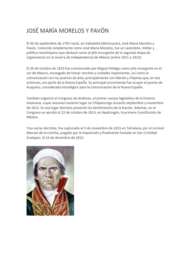 Biografía de José María Morelos para Niños | PDF | Historia
