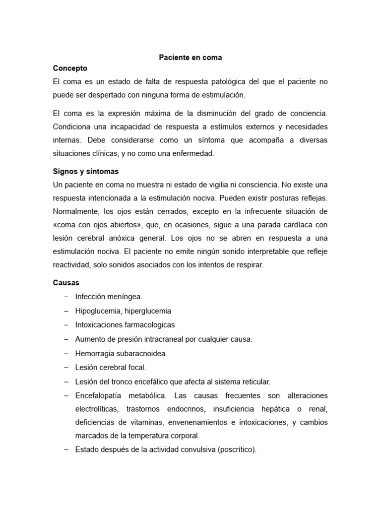 Coma Síntomas Causas Y Tratamiento Pdf