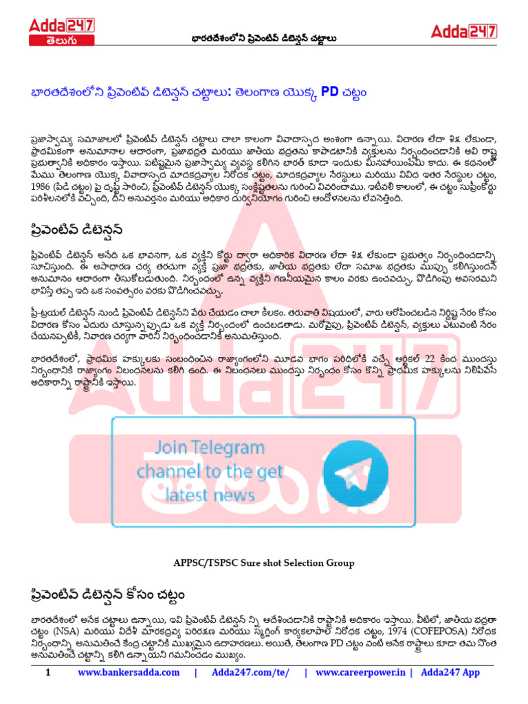Telanganas PD Act - Preventive Detention Laws in India TELUGU | PDF