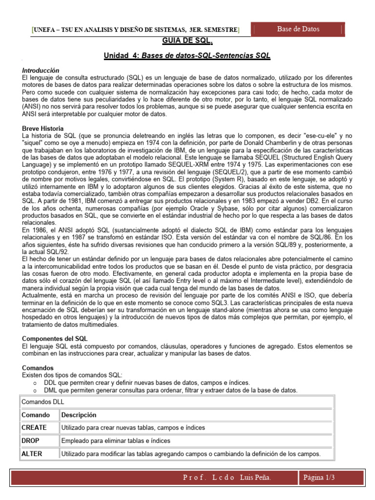 Unefa 4 Bases de Datos SQL Sentencias SQL | PDF | Informática