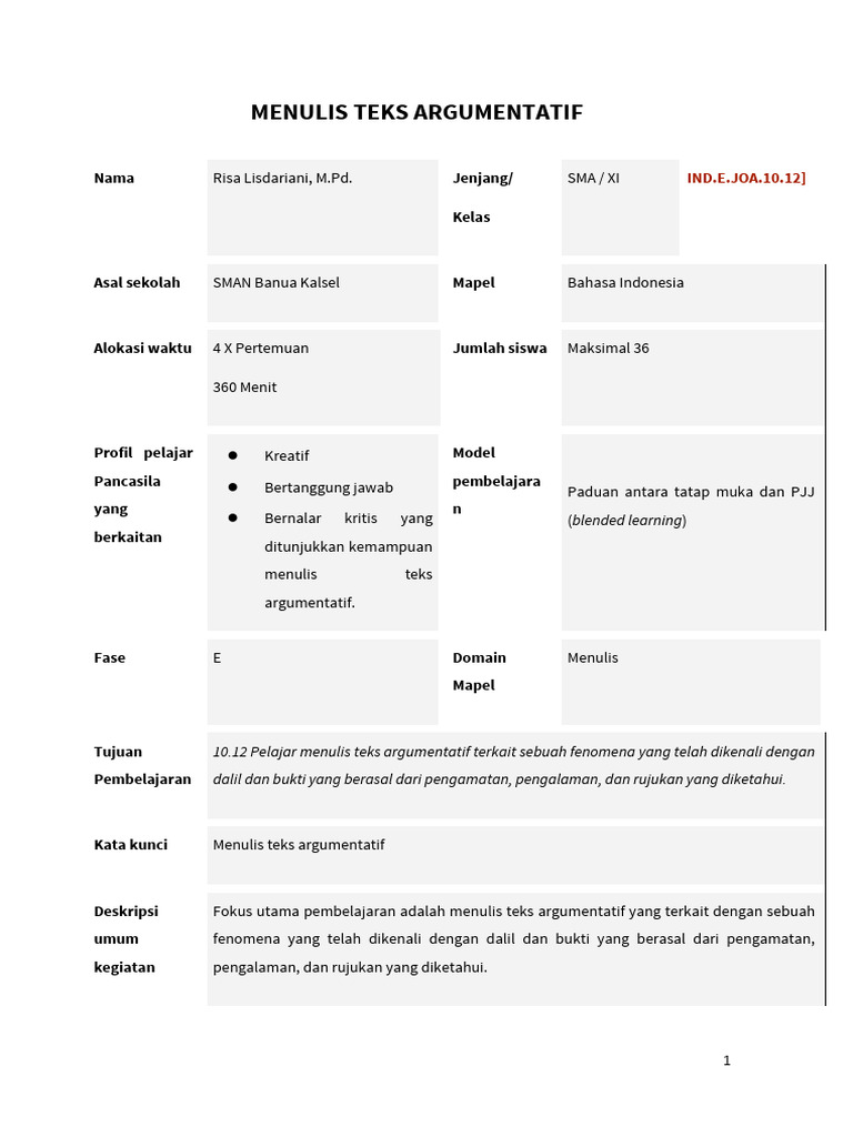 Modul Ajar Bahasa Indonesia - Menulis Teks Argumentatif - Fase F | PDF