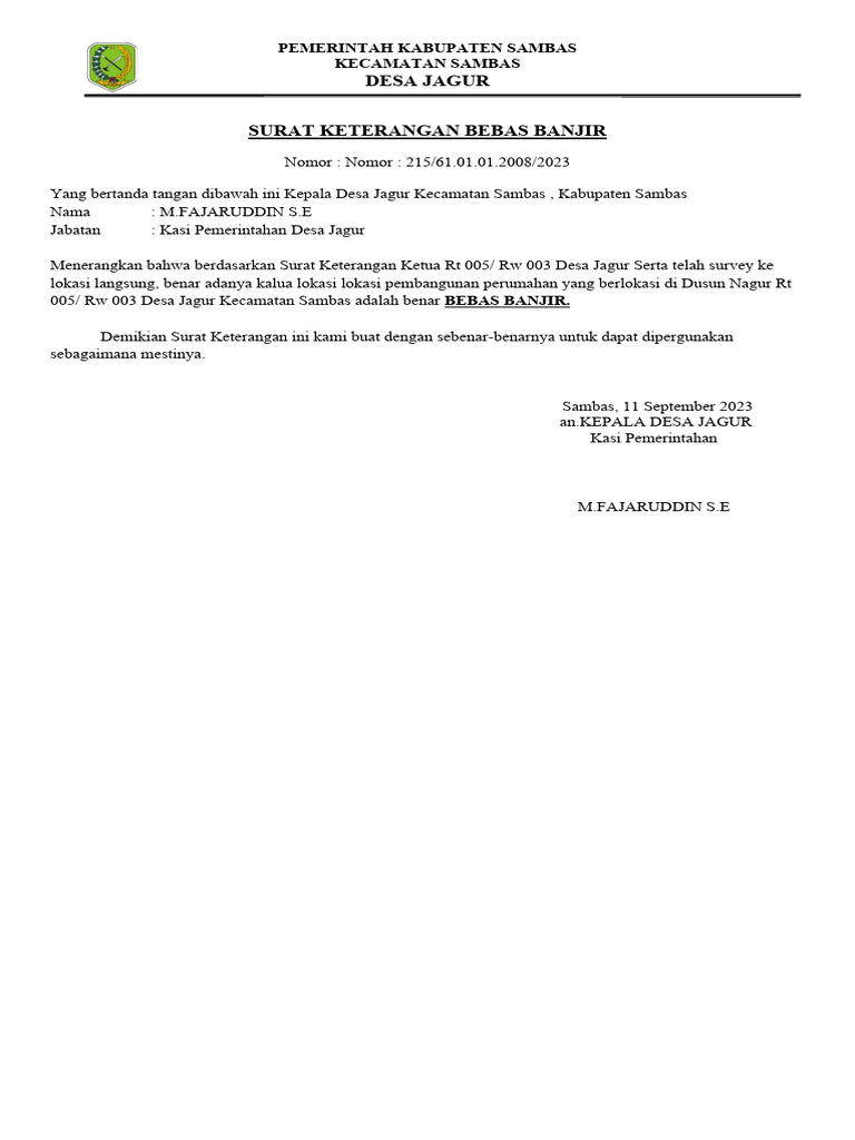 Surat Keterangan Bebas Banjir Jagur | PDF