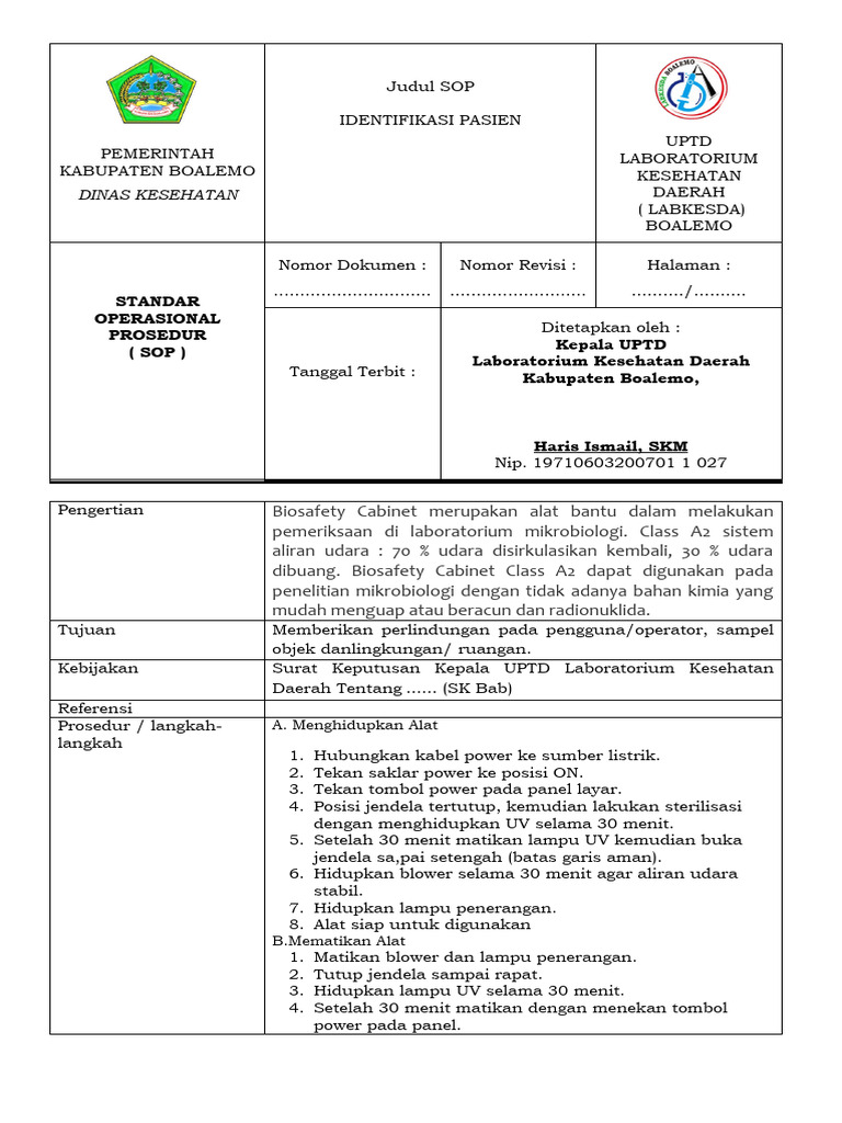 SOP Penggunaan Biosafety Cabinet A2 | PDF