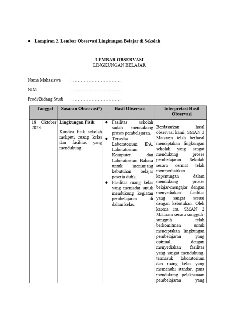 Lampiran 2. LK 2a Contoh Format Lembar Observasi Lingkungan Belajar Di Sekolah | PDF