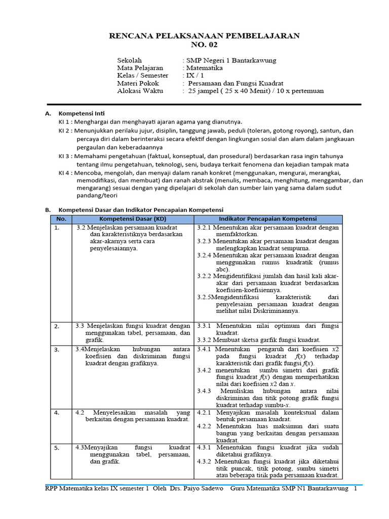 2 RPP Bab 2 Persamaan Dan Fungsi Kuadrat REV | PDF