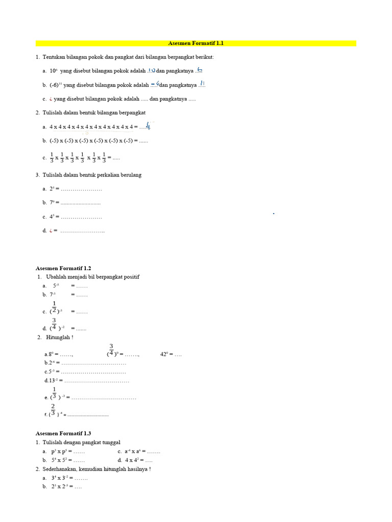 Asesmen Formatif Dan Sumatif BAB 1 Bilangan Berpangkat Dan Bentuk Akar | PDF
