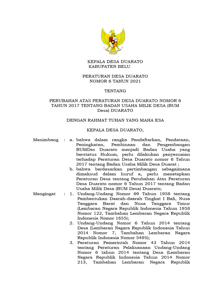 Perdes Perubahan Bumdes | PDF | Pengelolaan Keuangan & Uang