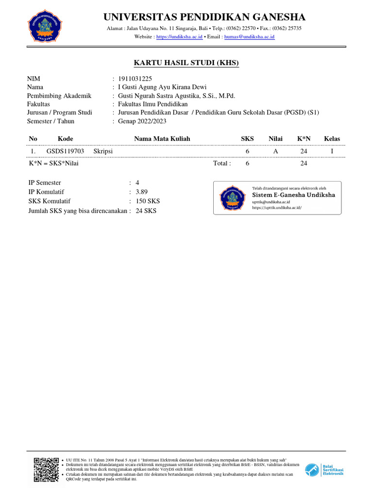 Universitas Pendidikan Ganesha: Kartu Hasil Studi (KHS) | PDF