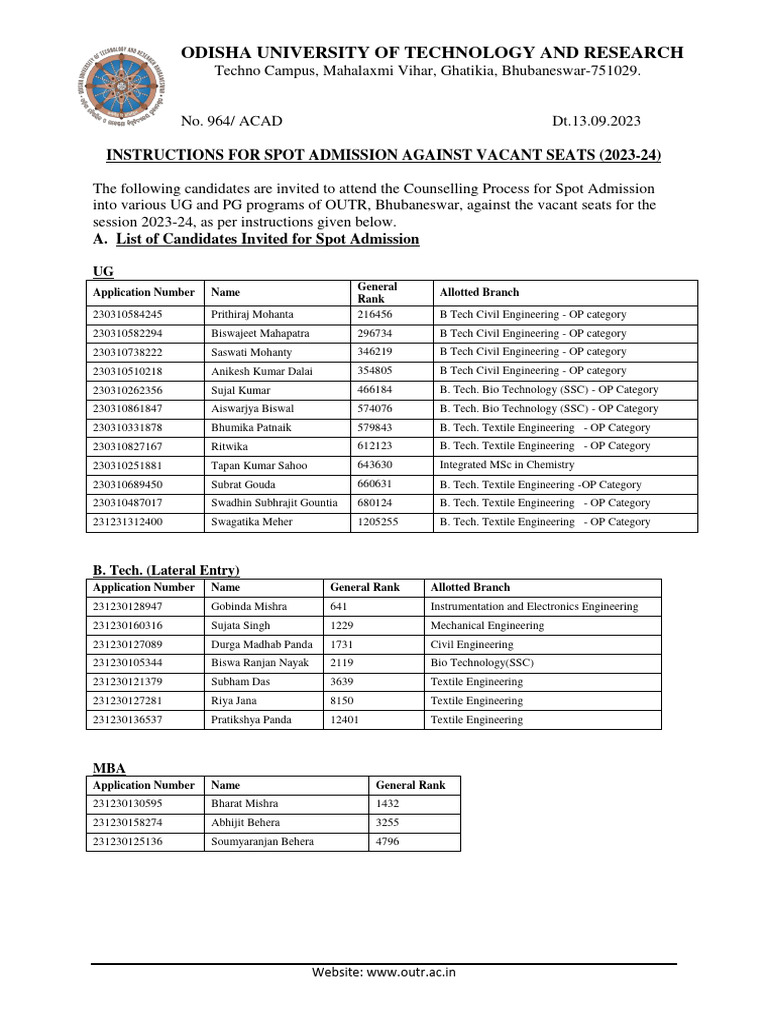 OUTR Spot Admission Instructions 2023-24 | PDF