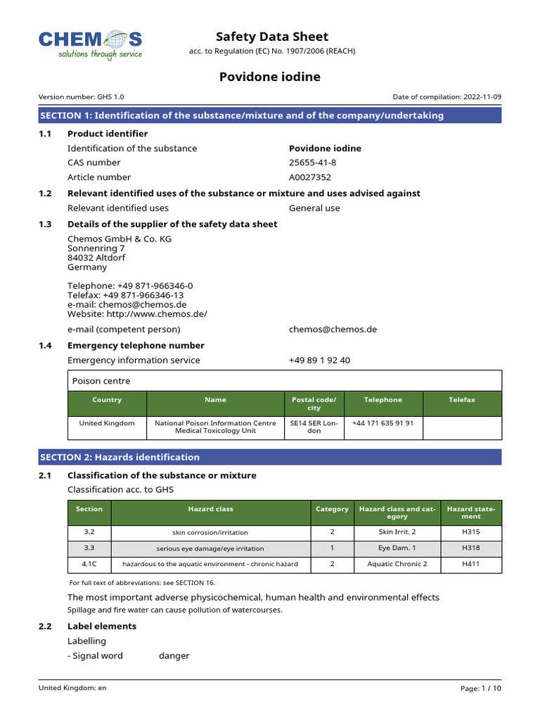 Safety Data Sheet Povidone Iodine: SECTION 1: Identification of The ...