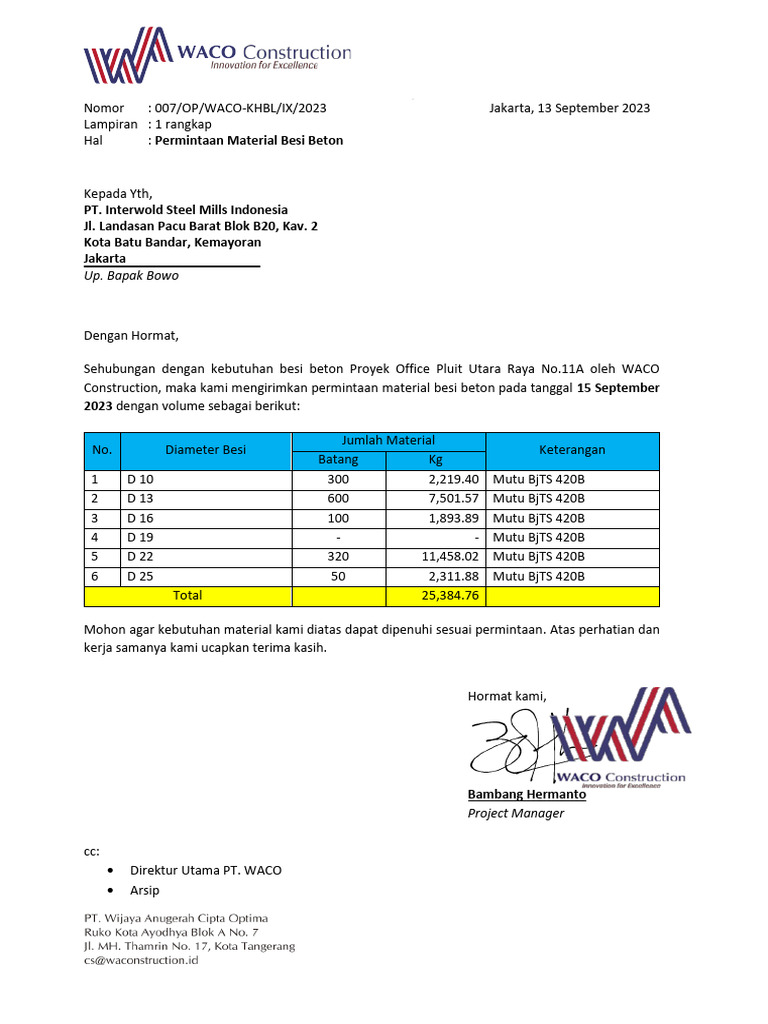 007 - Surat Permintaan Material Besi Beton Kelima | PDF