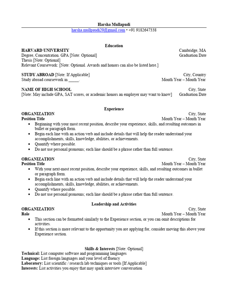 Sample Harvard CV Template | PDF