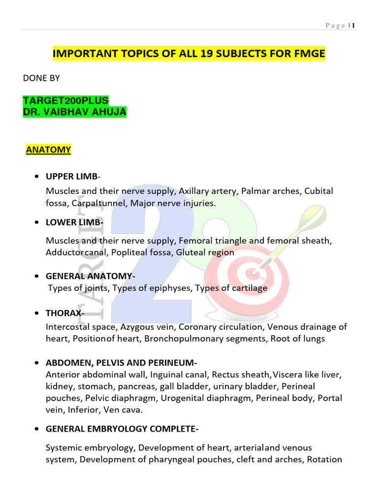 Important Topics For FMGE TAREGE 200 PLUS | PDF