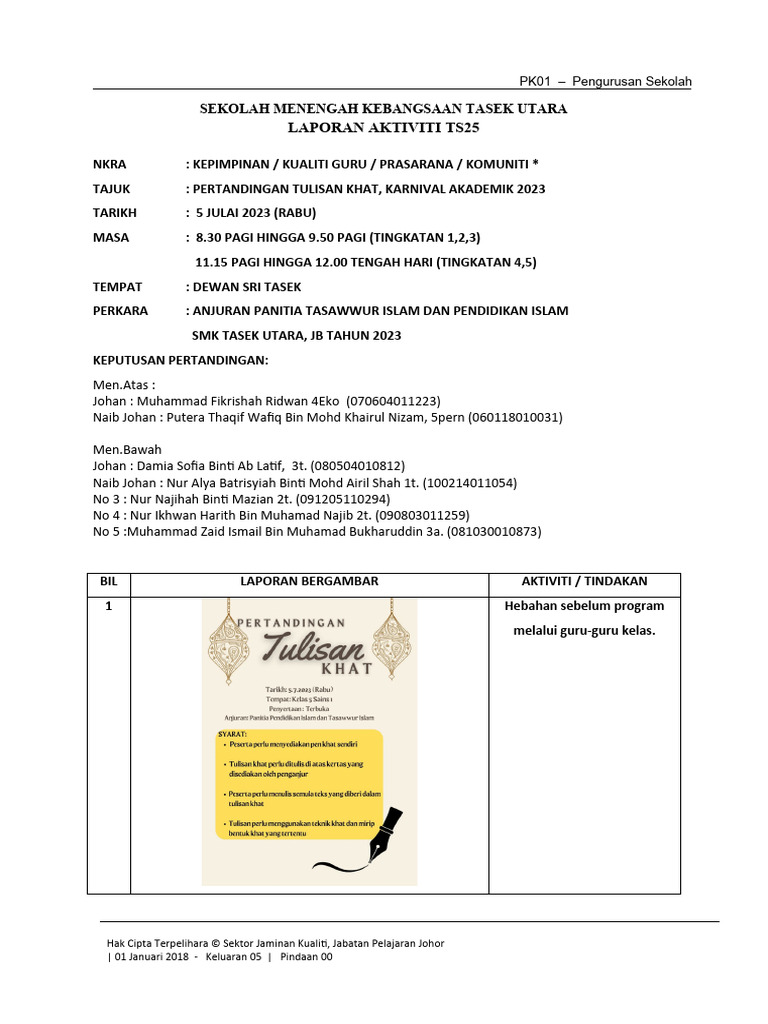 Laporan Aktiviti Khat Karnival Akademik Ts25 | PDF