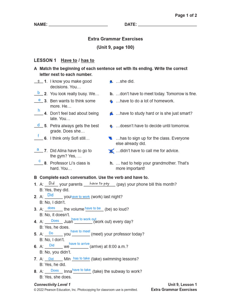 CTY1 Extra Grammar Exercises Unit 9 | PDF