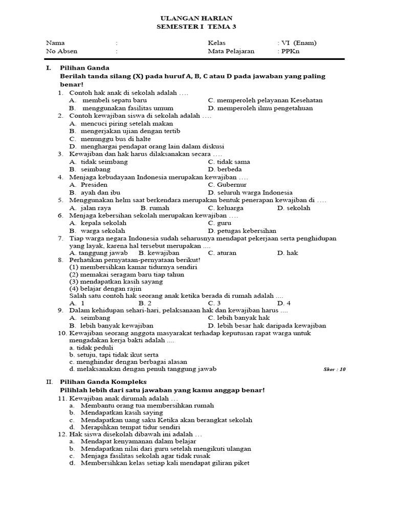 Uh PKN Tema 3 Kelas Vi | PDF