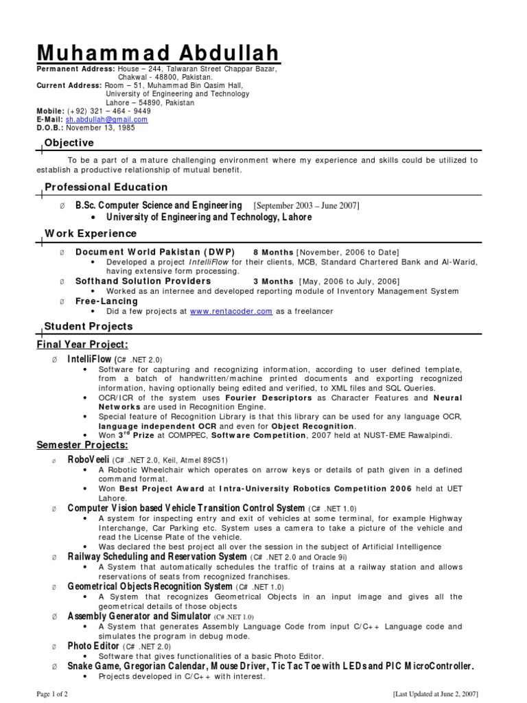 Muhammad Abdullah's Resume 2007 | PDF | Optical Character Recognition ...