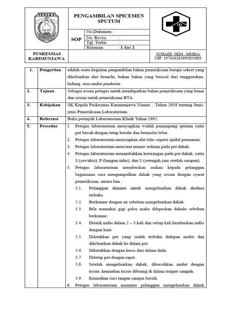 Sop Pengambilan Spesimen Sputum | PDF