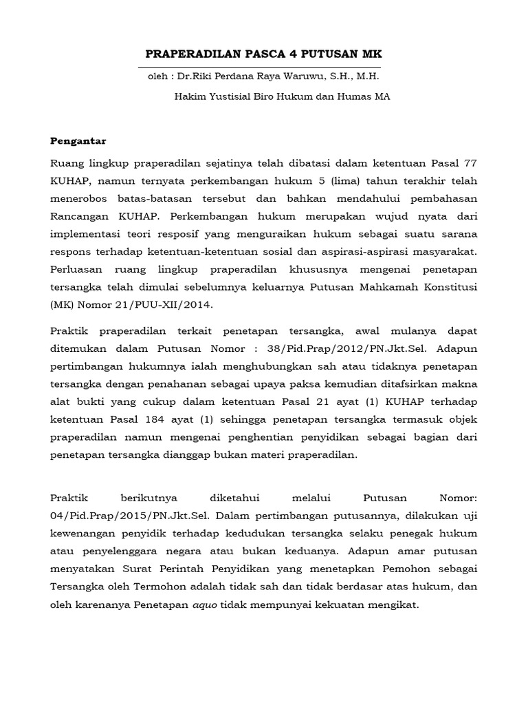 Praperadilan Pasca 4 Putusan MK | PDF