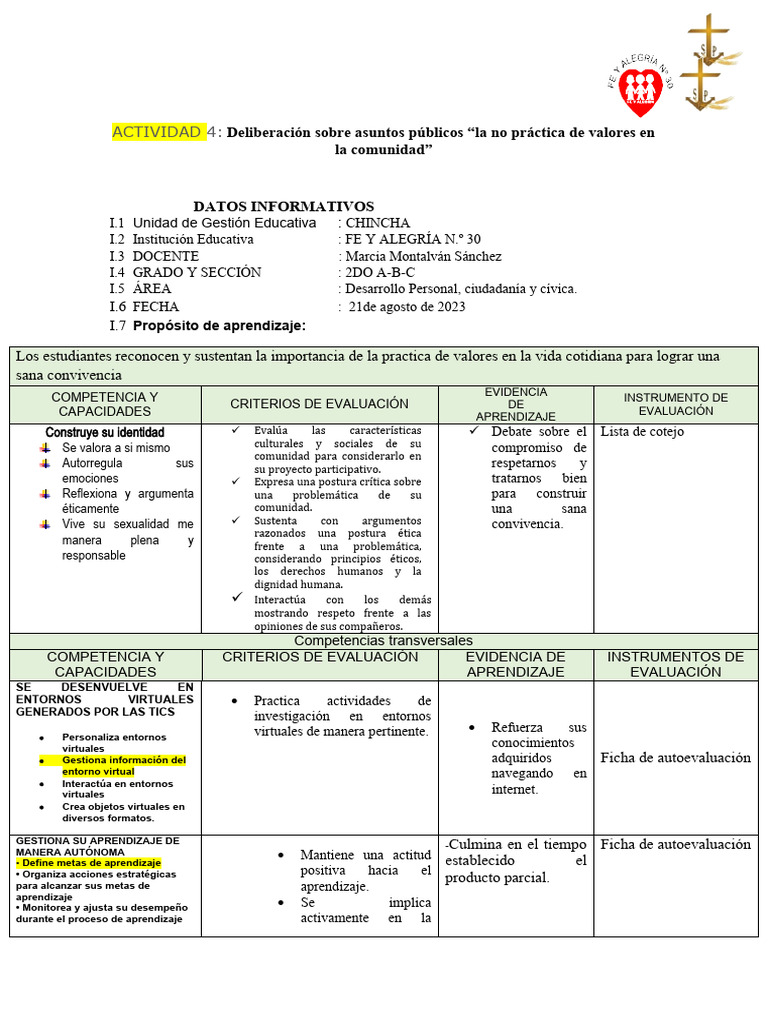 Actividad de 2do de Secundaria - 21 de Agosto | PDF