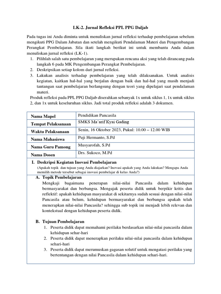 LK-2 Jurnal Refleksi PPL Siklus 1 - Puji Hermanto | PDF