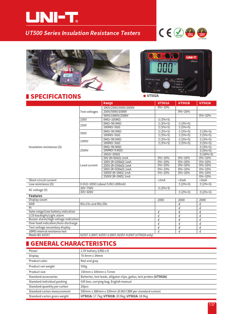 Specifications: UT500 Series Insulation Resistance Testers | PDF