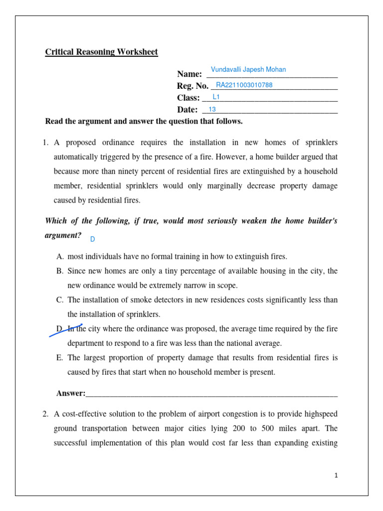 Critical Reasoning Practice Worksheet | PDF | Business | Finance ...