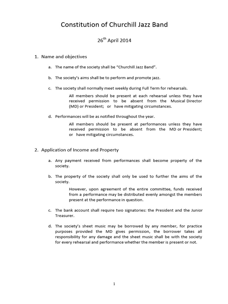 Constitution of Churchill Jazz Band | PDF