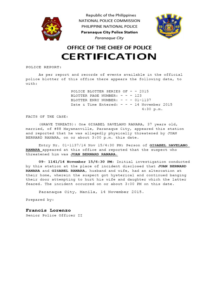 Police Blotter Report | PDF