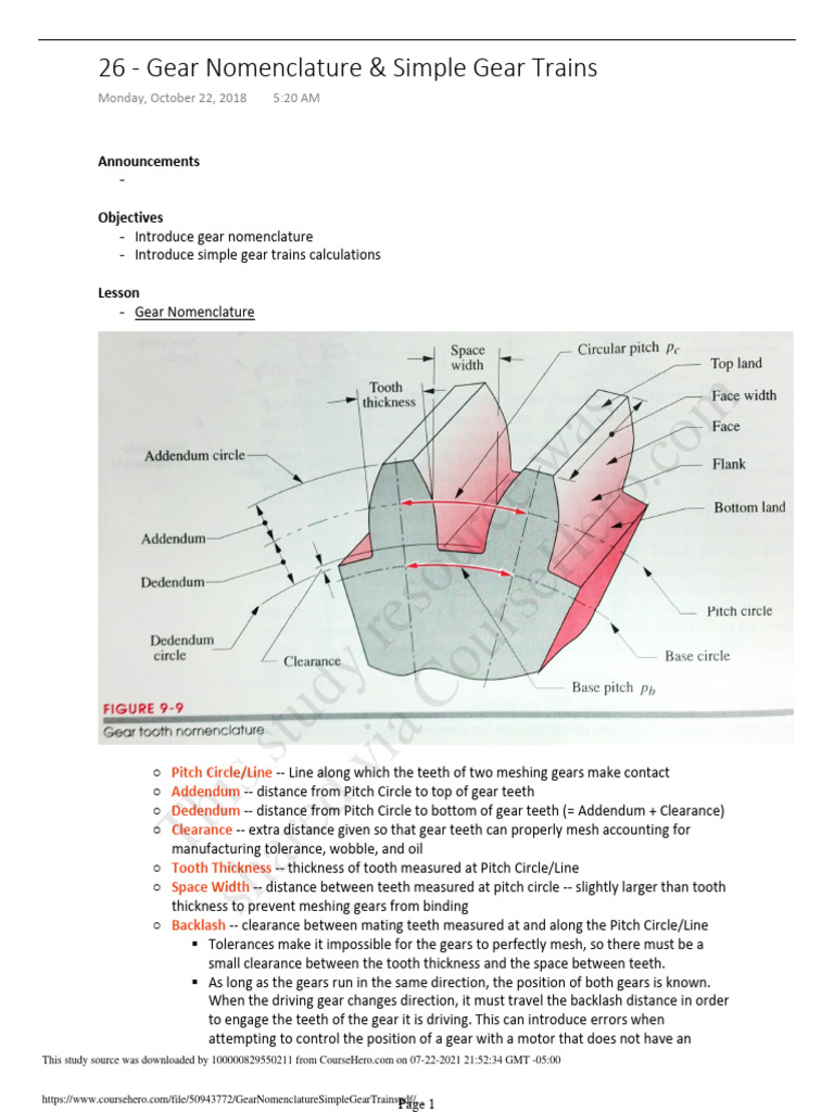 Gear Nomenclature Simple Gear Trains | PDF