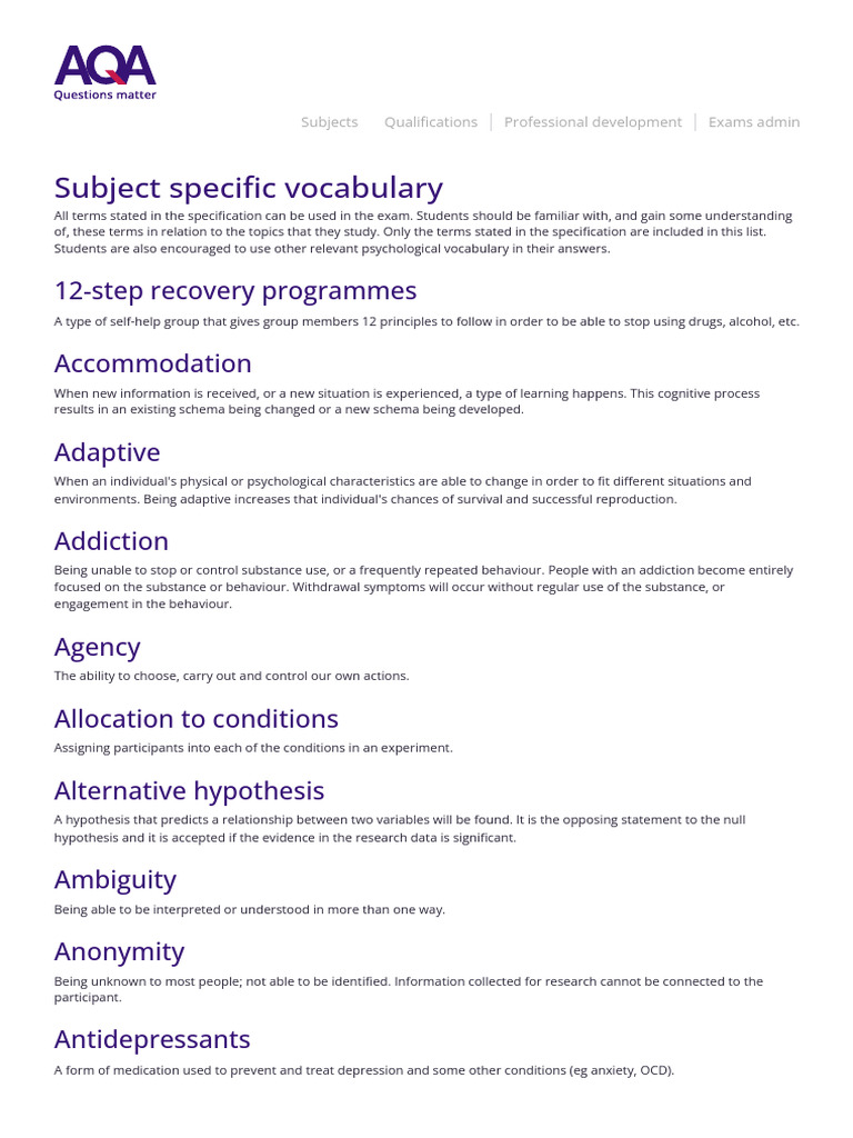 AQA Subject-Specific Vocabulary Guide | PDF