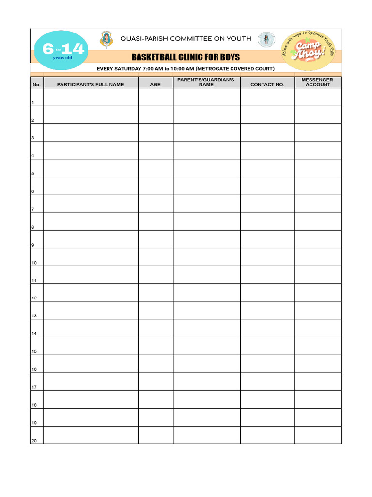 Camp Ahoy Schedule Basketball Sign Up Sheet | PDF