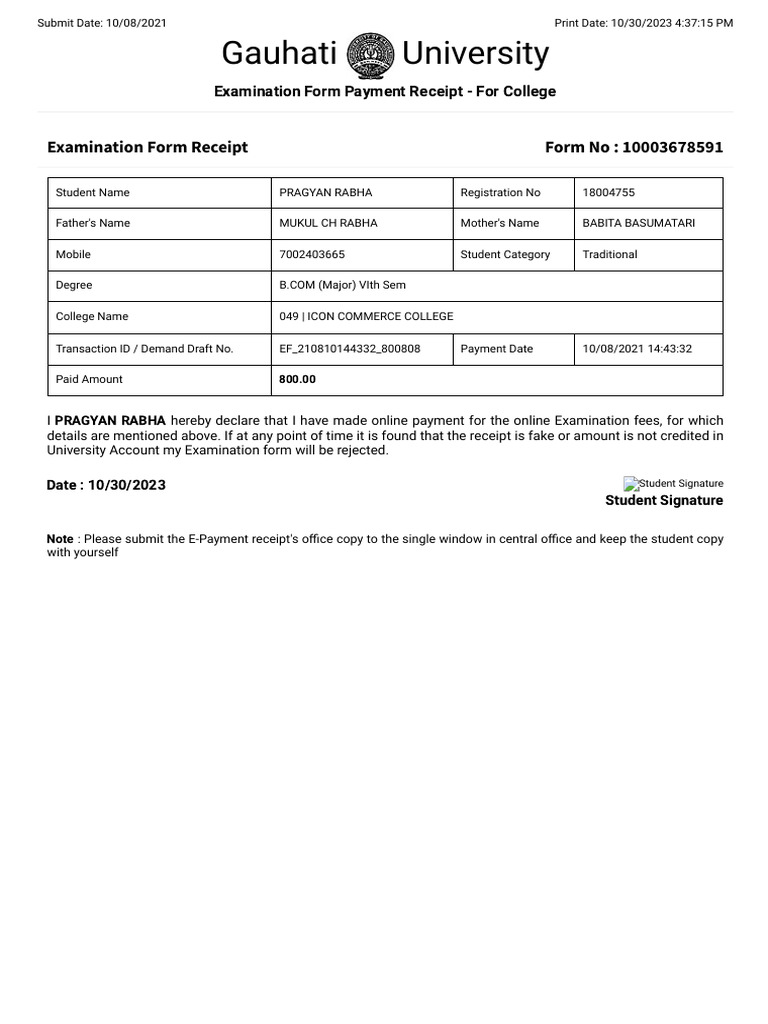 Gauhati University - Exam Form Payment Receipt | PDF