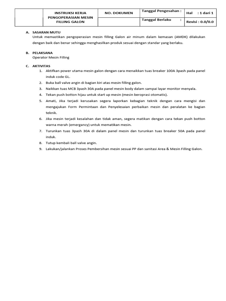 IK Pengoperasian Mesin Filling Galon | PDF