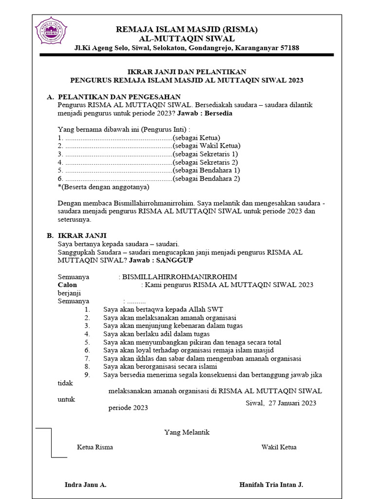 Ikrar Janji & Pelantikan Risma 2023 | PDF | Karier & Perkembangan