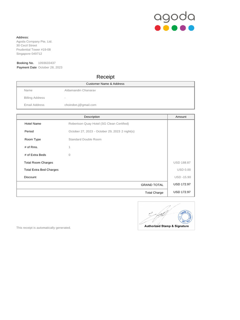 Agoda Booking ID 1093633437 - RECEIPT Enclosed | PDF