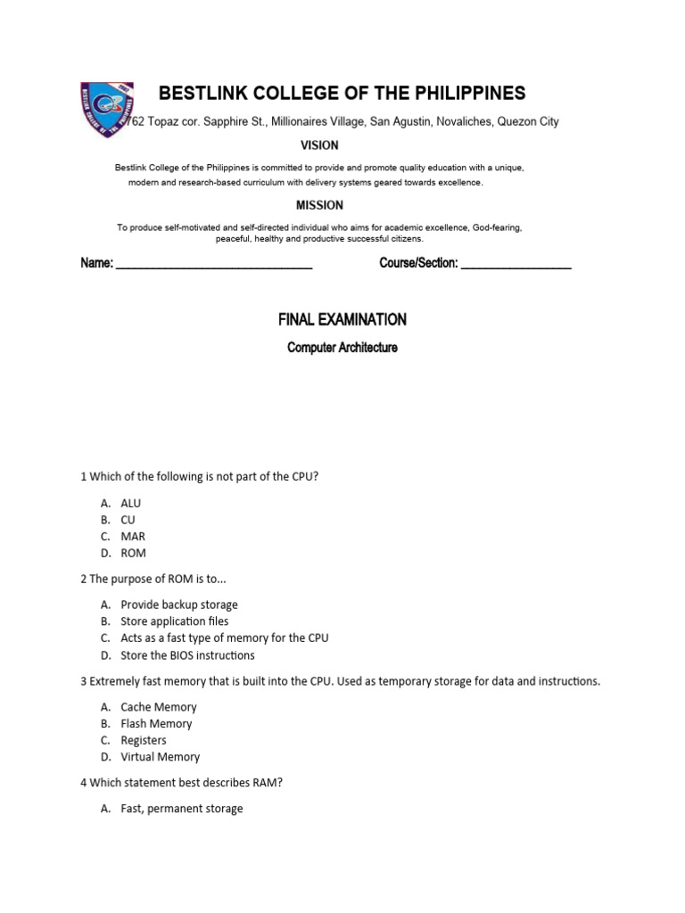 Computer Architecture Final Exam Mark Gerald B. Medenilla | PDF