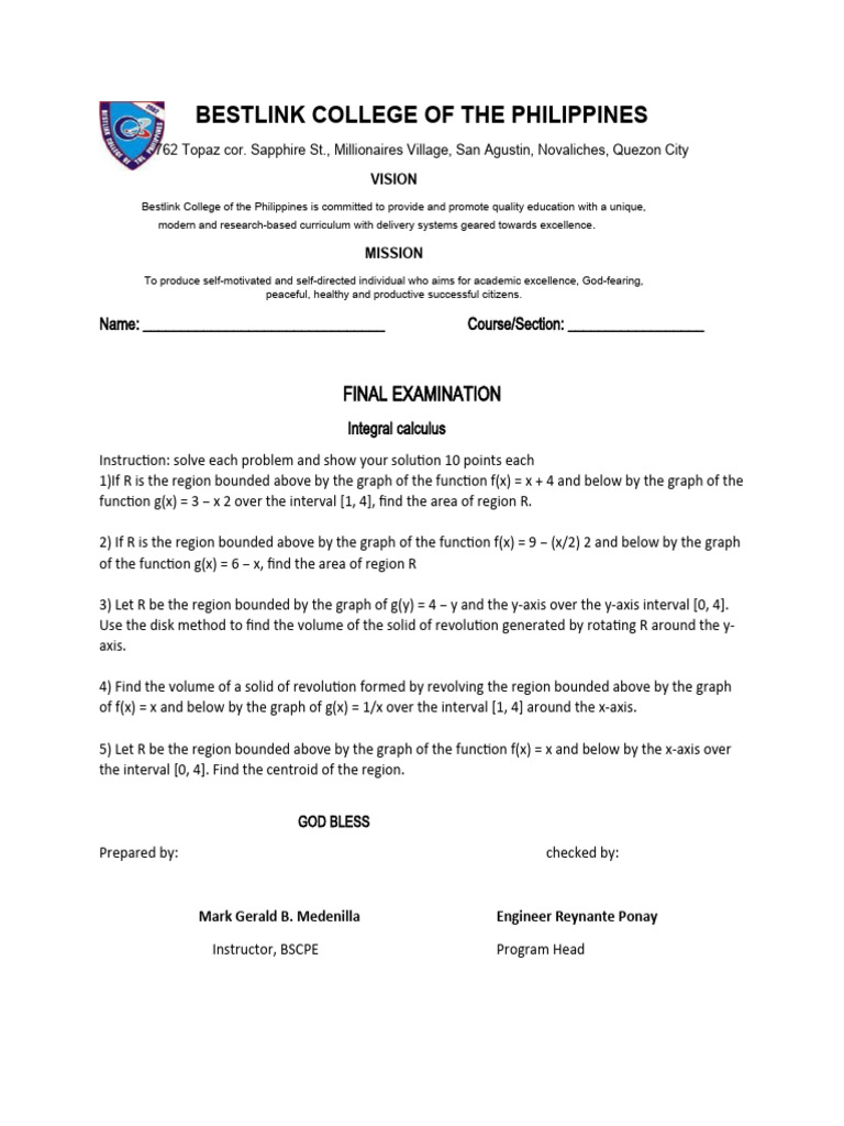 Integral Calculus Final Exam Mark Gerald B. Medenilla | PDF