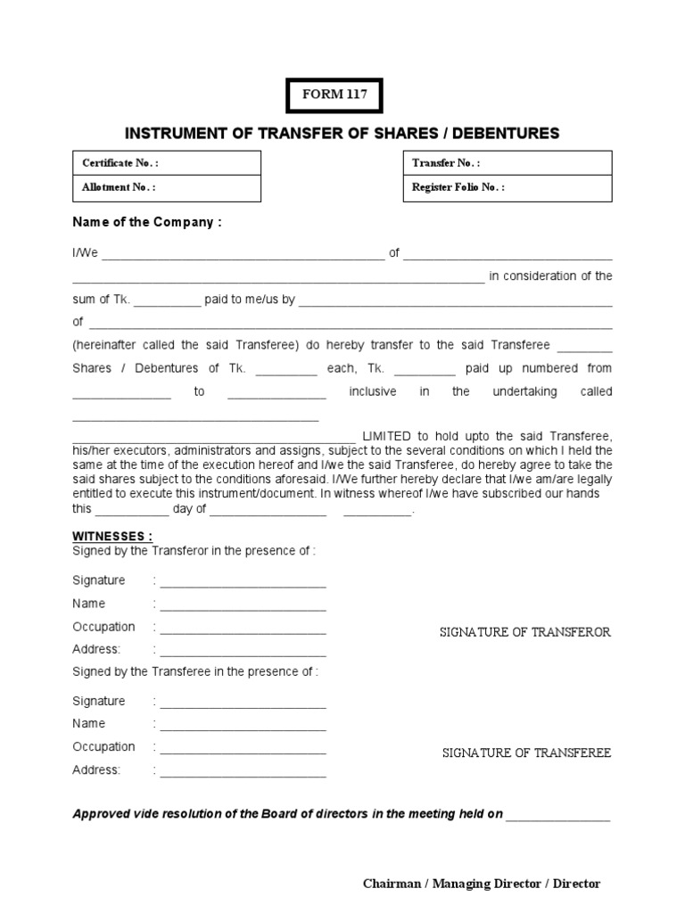 Instrument of Transfer of Shares / Debentures: FORM 117 | PDF | Finance ...