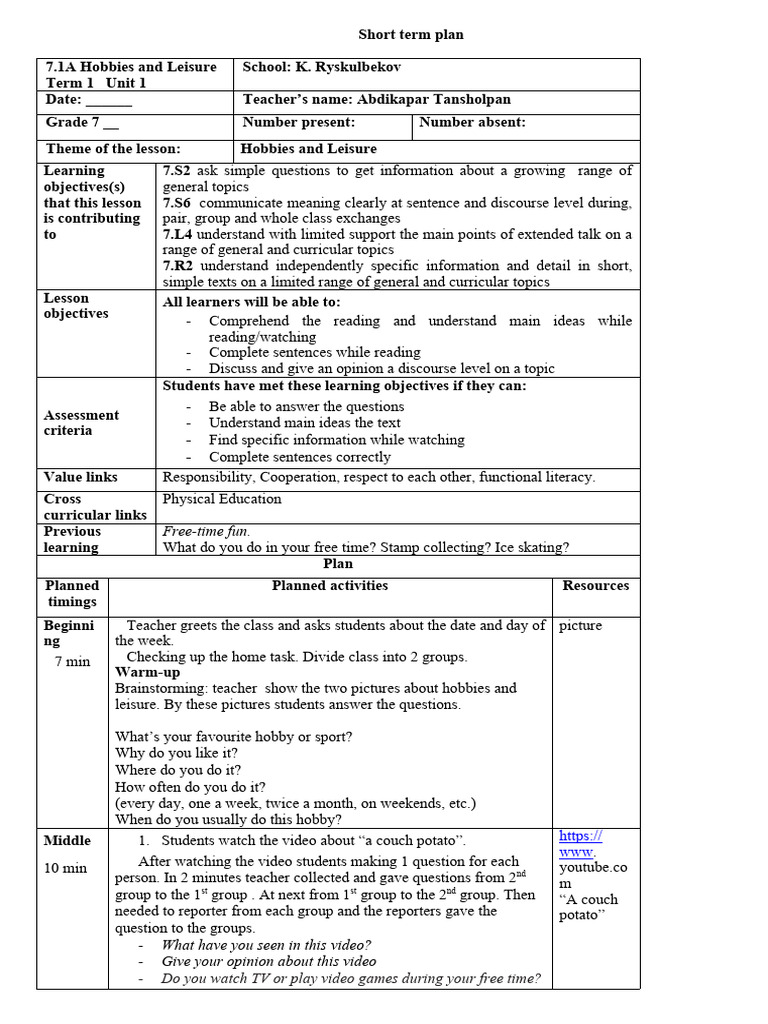 Lesson Plan For English Language About "Hobbies and Leisure" (7th Form ...