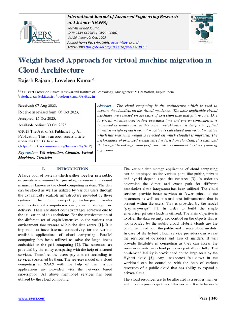 Weight Based Approach For Virtual Machine Migration in Cloud Architecture | PDF | Business