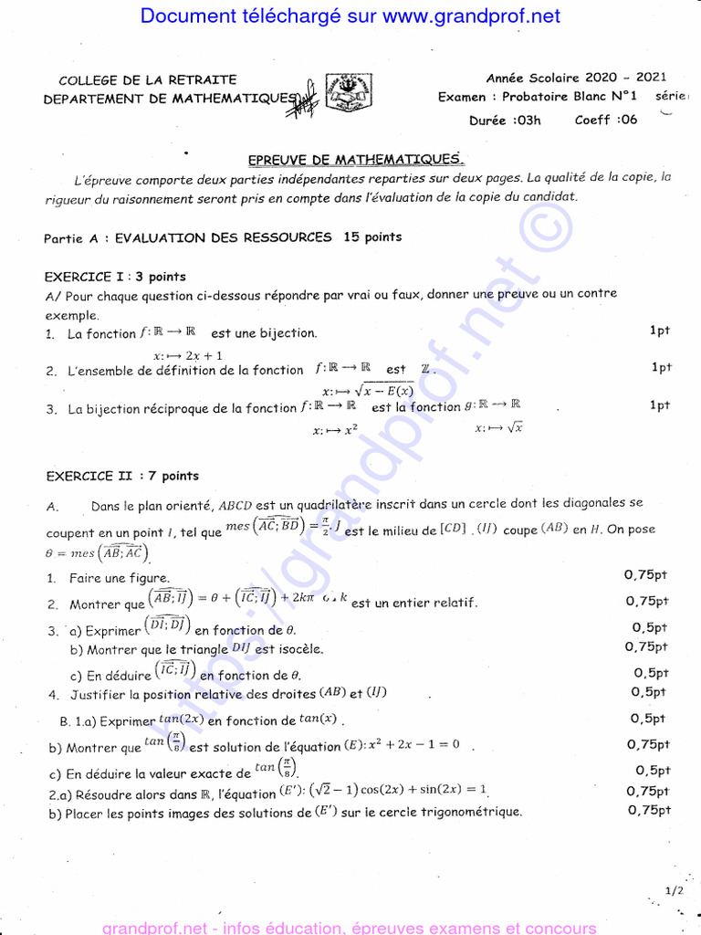 MATHS-COLLEGE-DE-LA-RETRAITE-PROBATOIRE-BLANC-N°1-SERIE-C….2021 | PDF