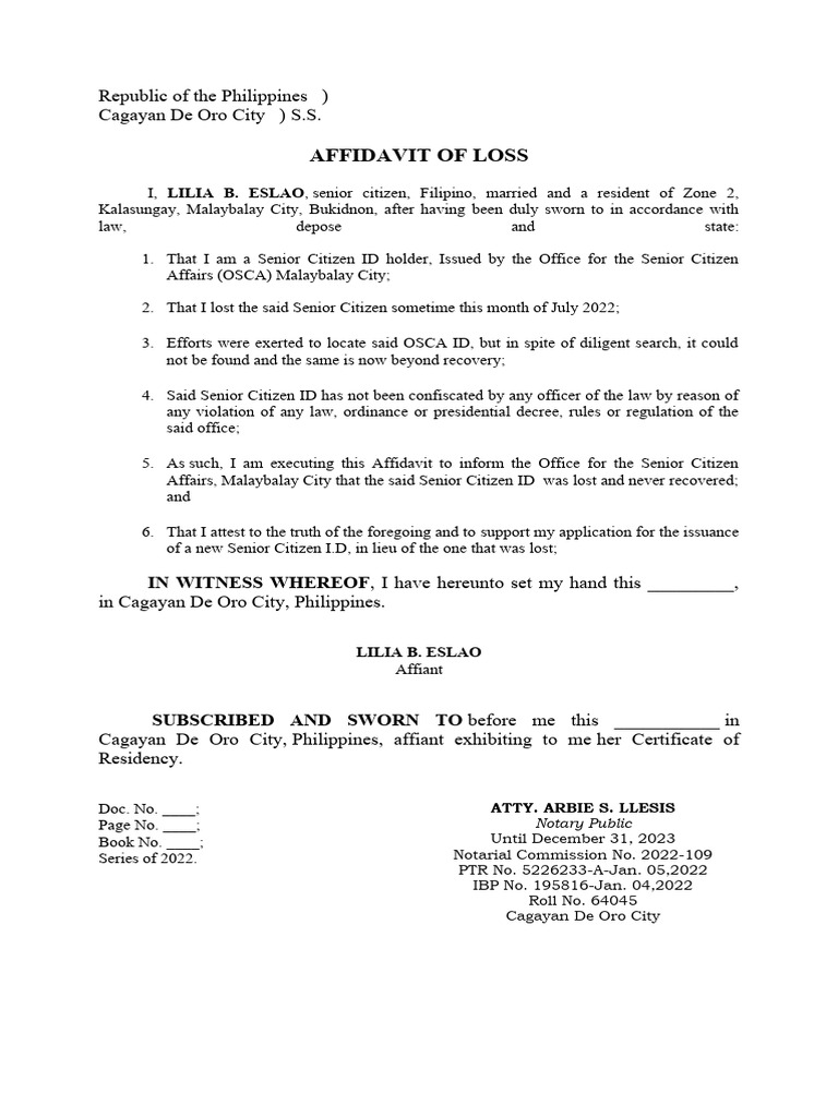 Affidavit of Loss ESLAO OSCA | PDF