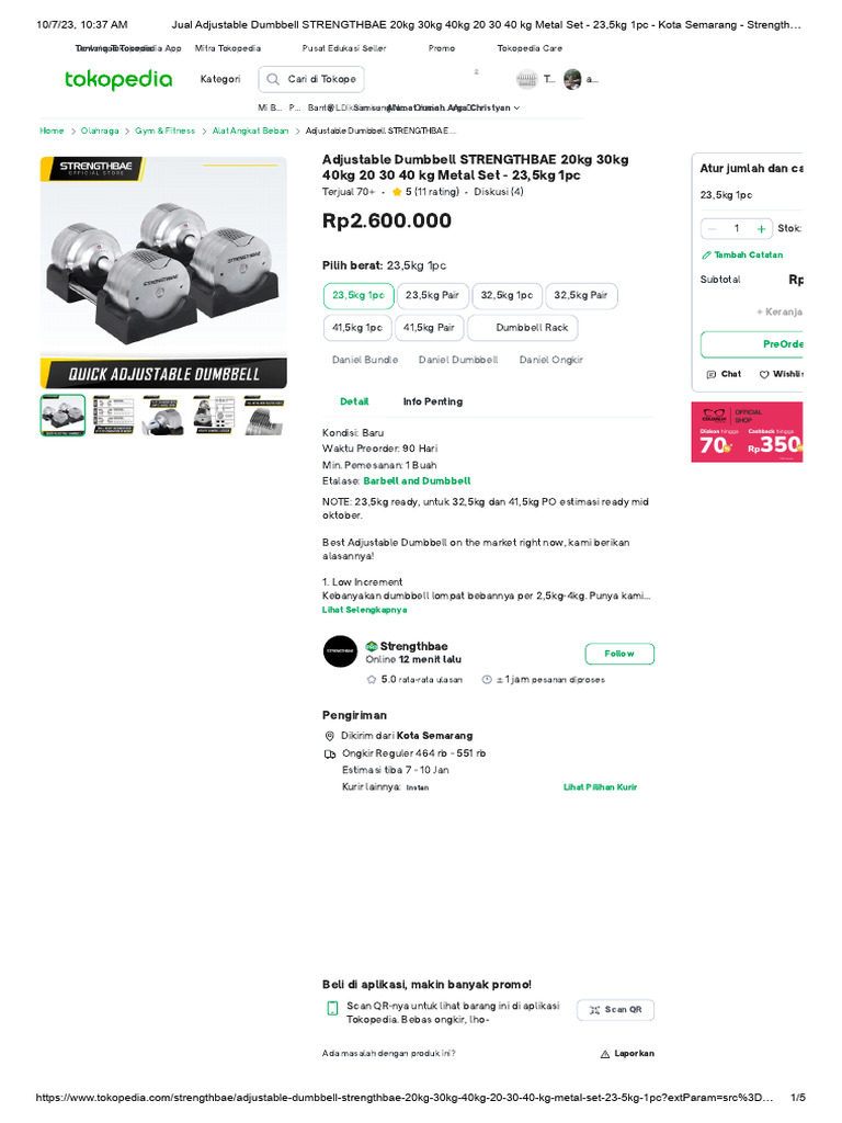 Jual Adjustable Dumbbell STRENGTHBAE 20kg 30kg 40kg 20 30 40 KG Metal Set - 23,5kg 1pc - Kota ...